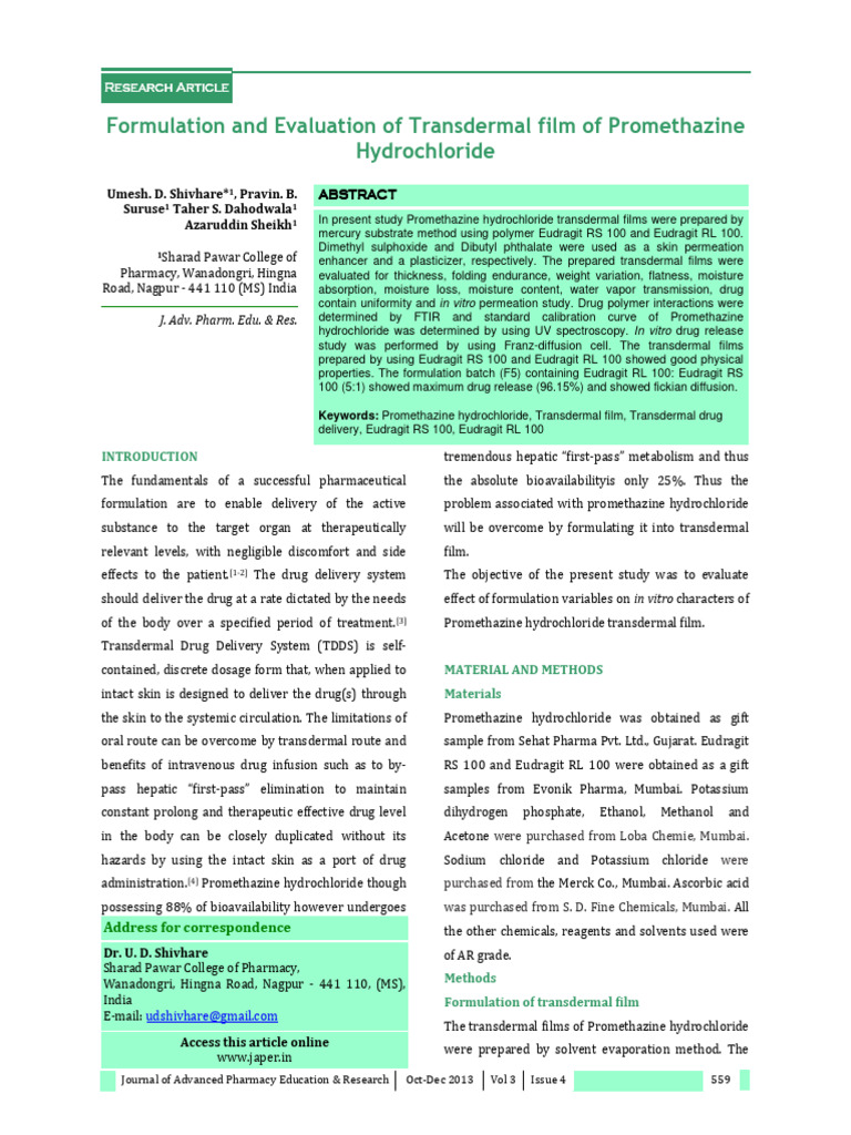 Formulation and Evaluation of Transdermal Film of Promethazine ...