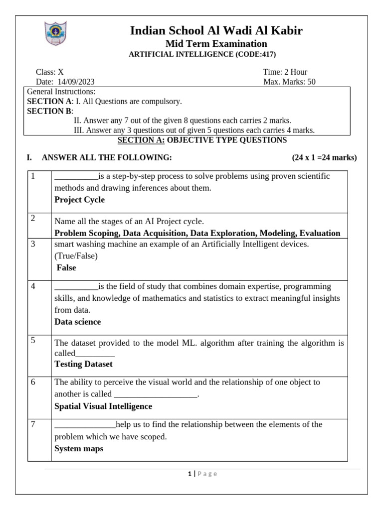 6243135-Midterm QP-final-class 10-AK | PDF | Artificial Intelligence | Intelligence (AI) & Semantics