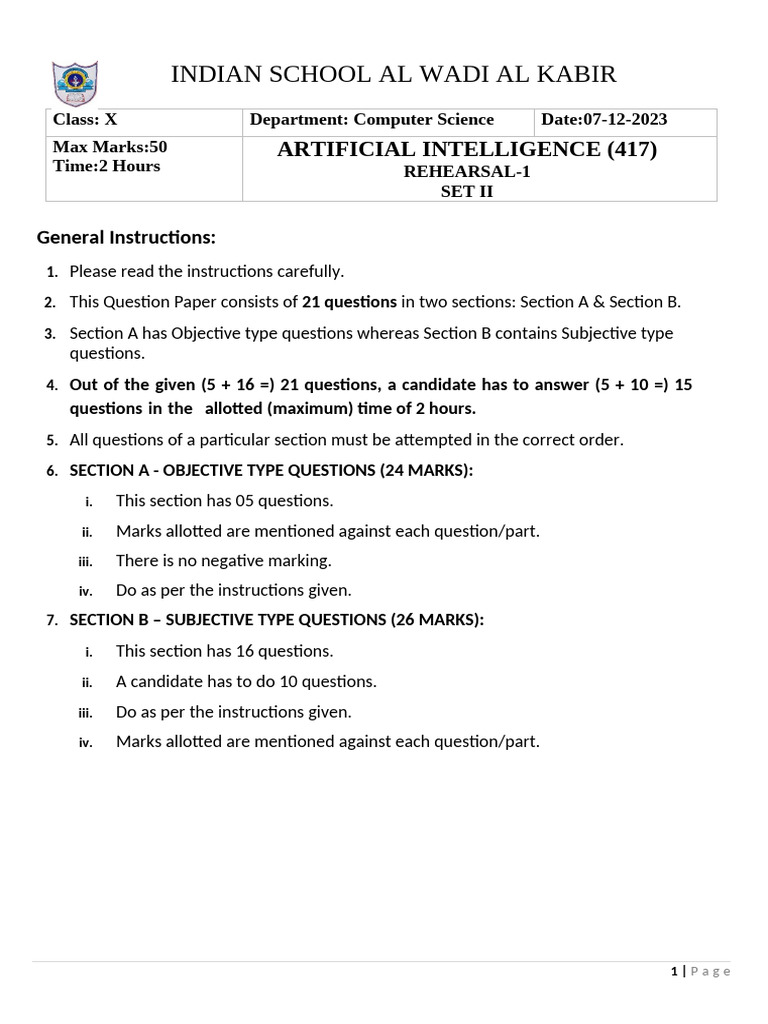 Class X AI Rehearsal Question Paper | PDF | Artificial Intelligence ...