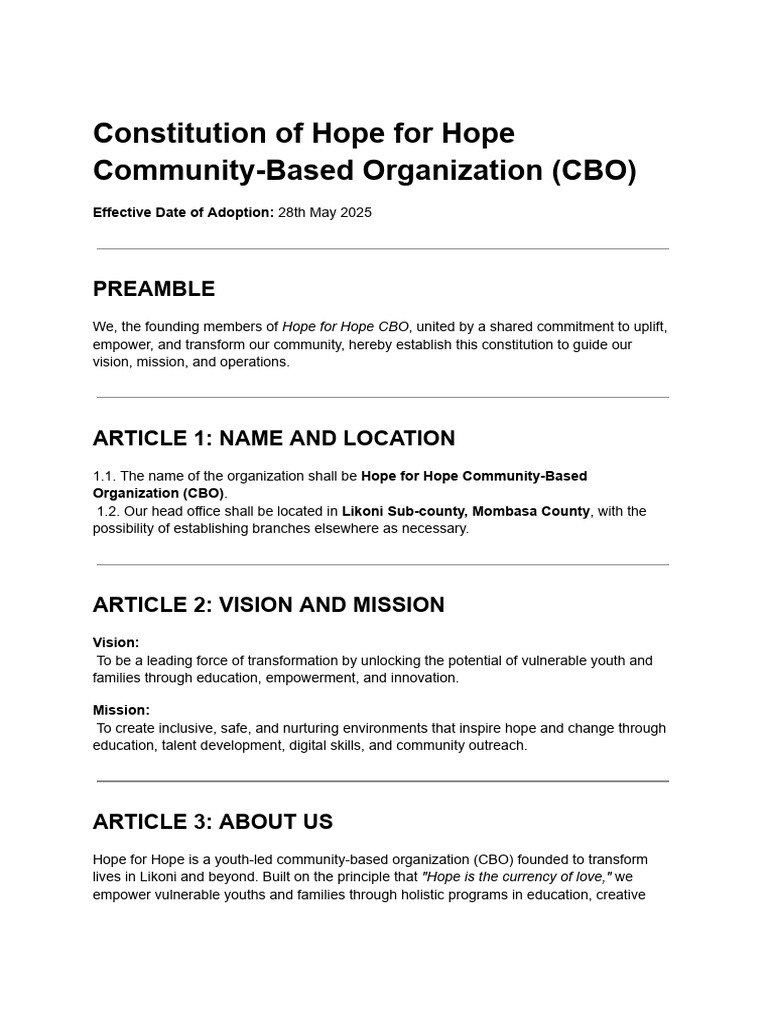 Constitution of Hope For Hope Community-Based Organization (CBO) | PDF