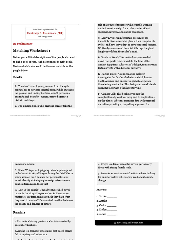 B1 Preliminary Exam - Matching Worksheet 1 | PDF