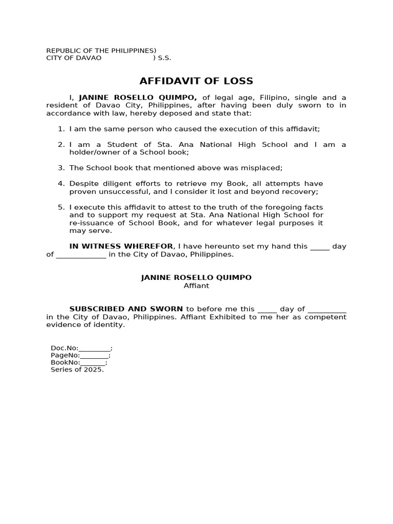 Affidavit of Loss - School Diploma | PDF