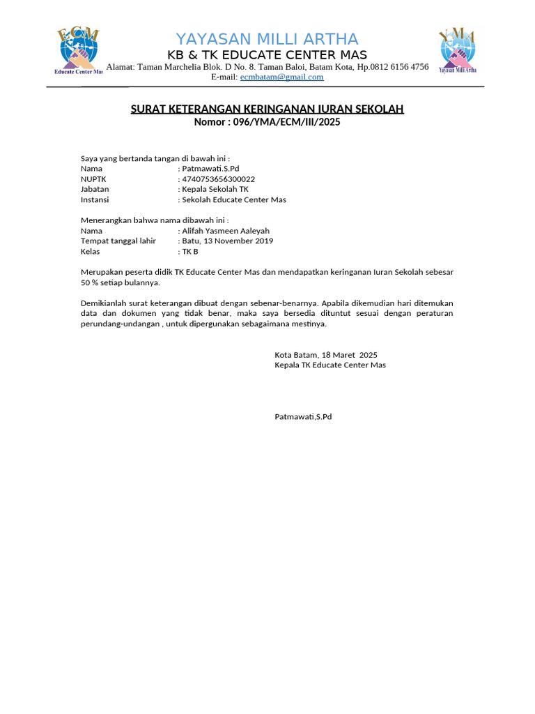 Surat Keterangan Keringanan Iuran Sekolah. (Gratisakan Anak TK) Docx | PDF