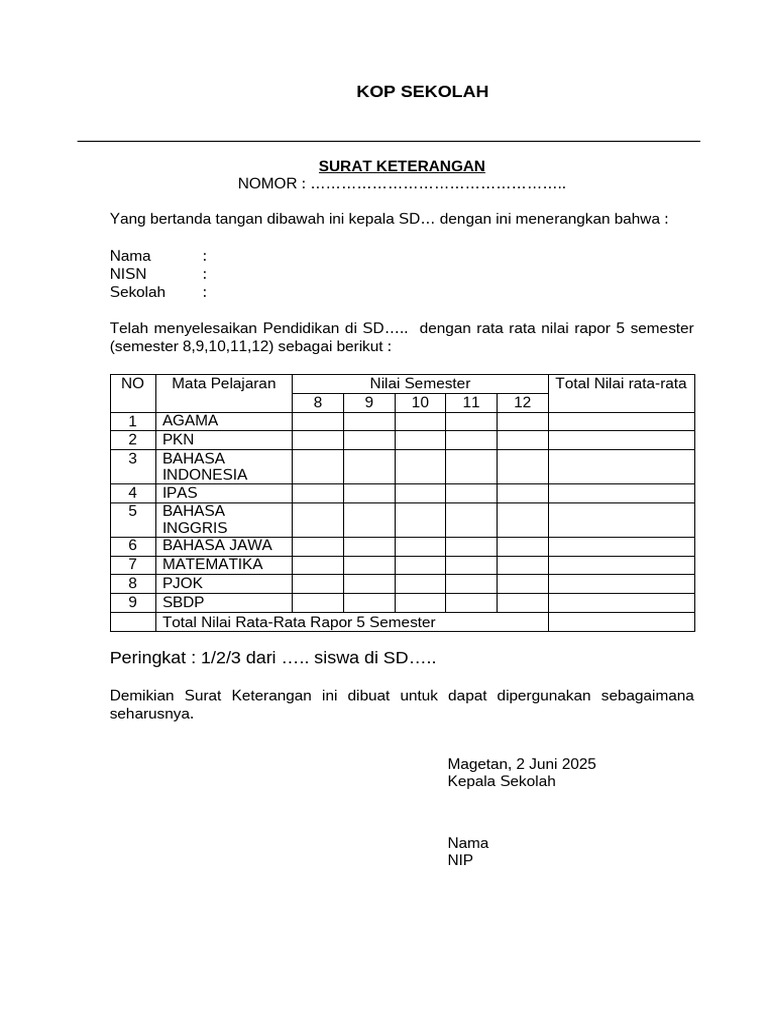 Surat Keterangan Rata Rata Nilai Rapor 5 Semester 2025 | PDF