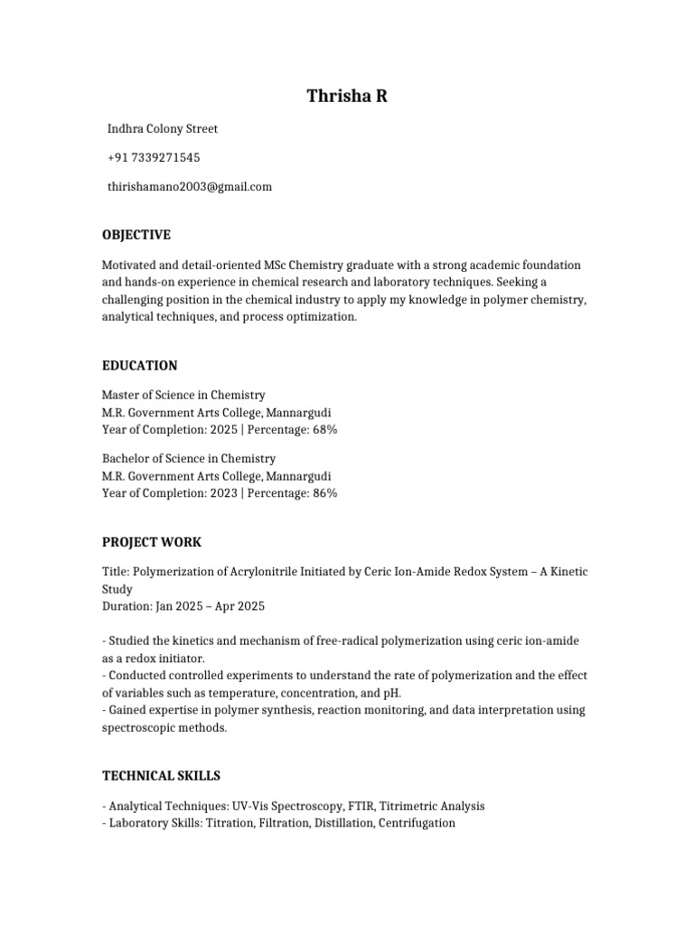 Thrisha Chemistry Resume | PDF