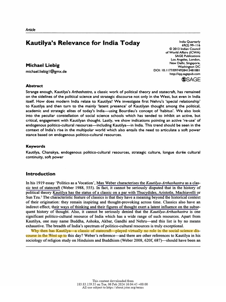Unit 2.2 - Kautilya's Relevance For India Today - Michael Leibig | PDF
