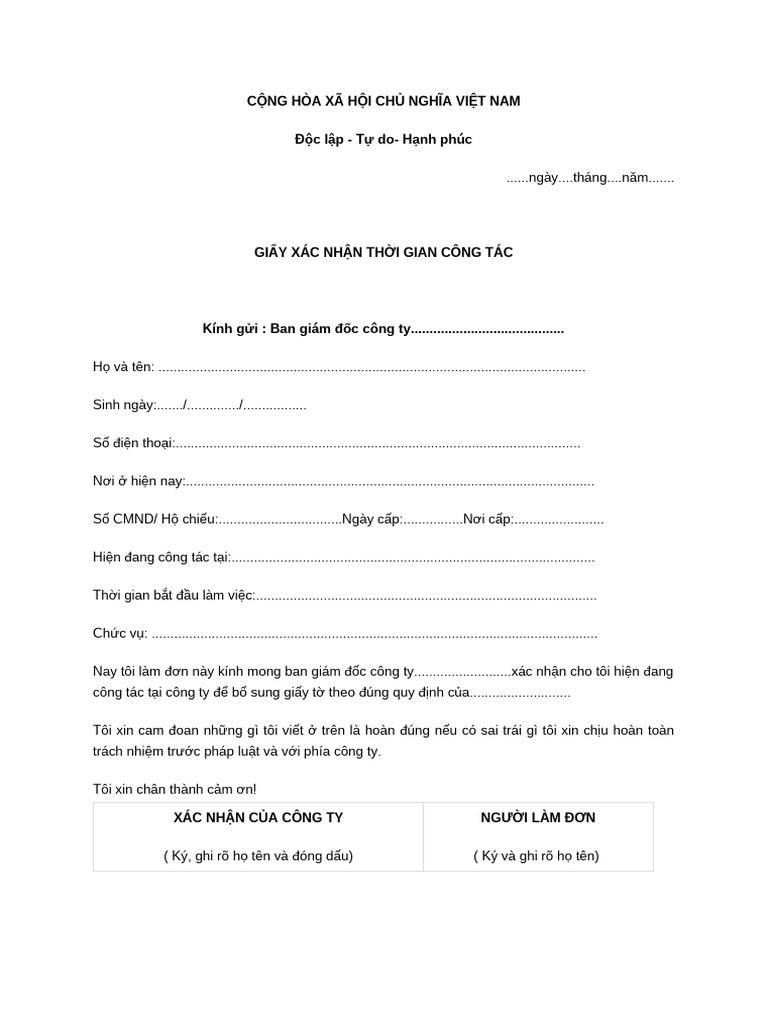 Mau Giay Xac Nhan Thoi Gian Cong Tac 2 | PDF