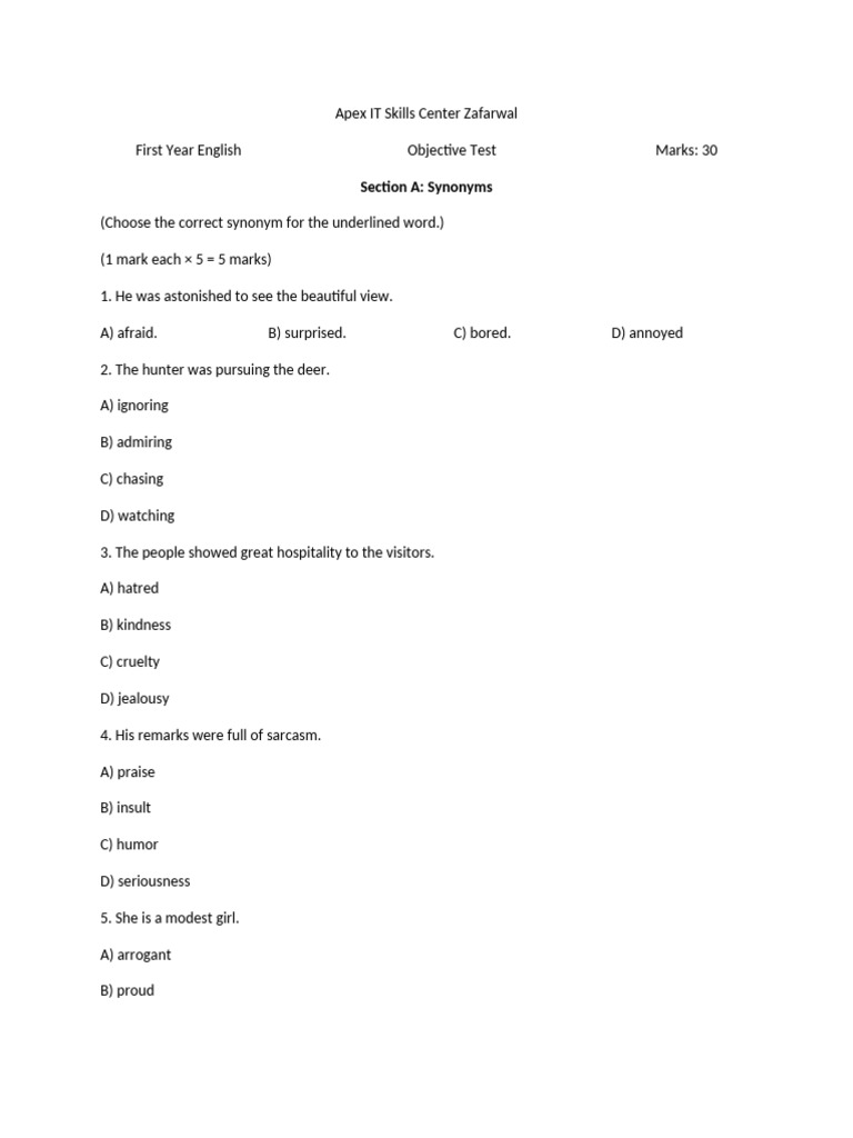 English Objective Test for First Year | PDF