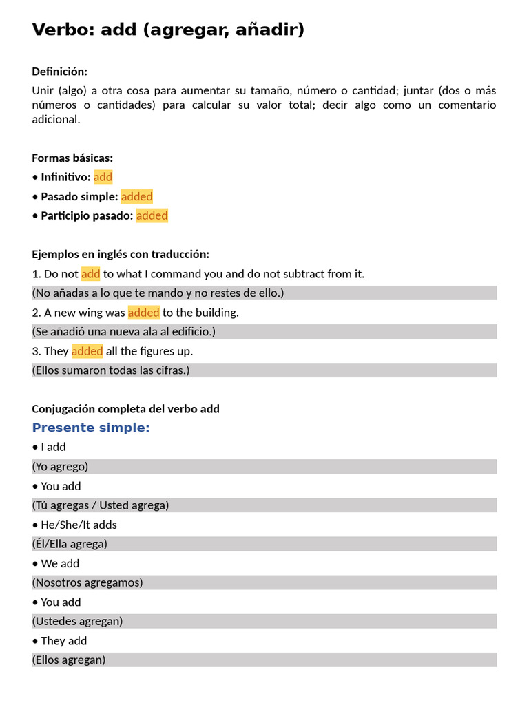 Uso del verbo "add" en inglés | PDF | Verbo