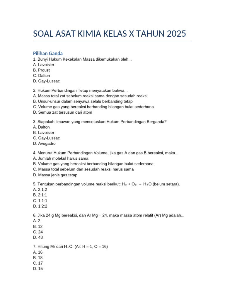 Soal Lengkap ASAT Kimia X 2025 | PDF