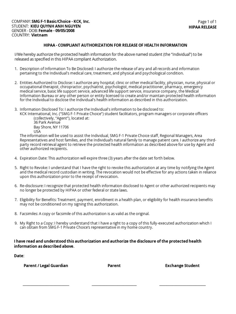 HIPAA Release for Student Health Info | PDF | Health Care | Health ...