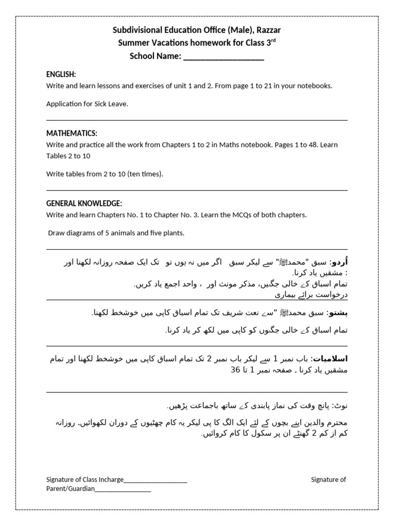 Class 3rd Summer Vacations Task | PDF
