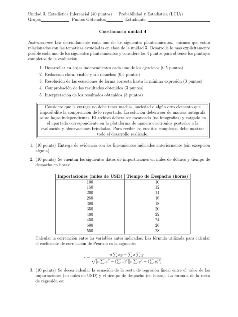 Cuetionario U3 Prob Est | PDF | Regresión lineal | Teoría estadística