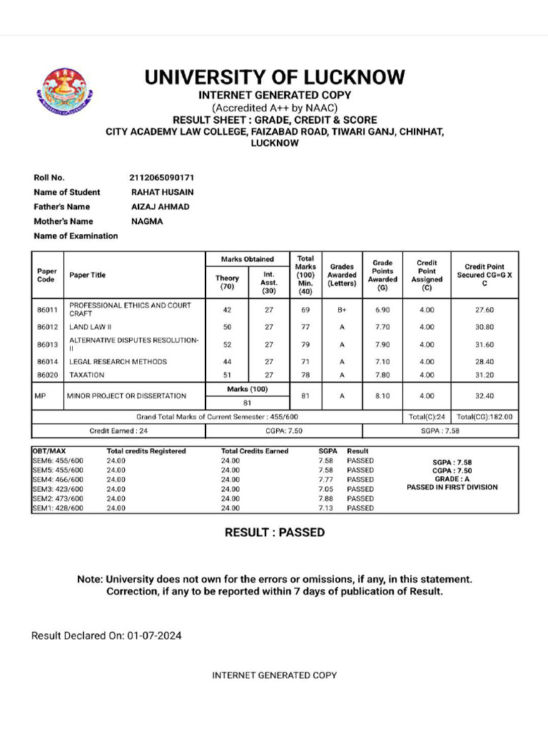 LLB 6th Semester Marksheet | PDF