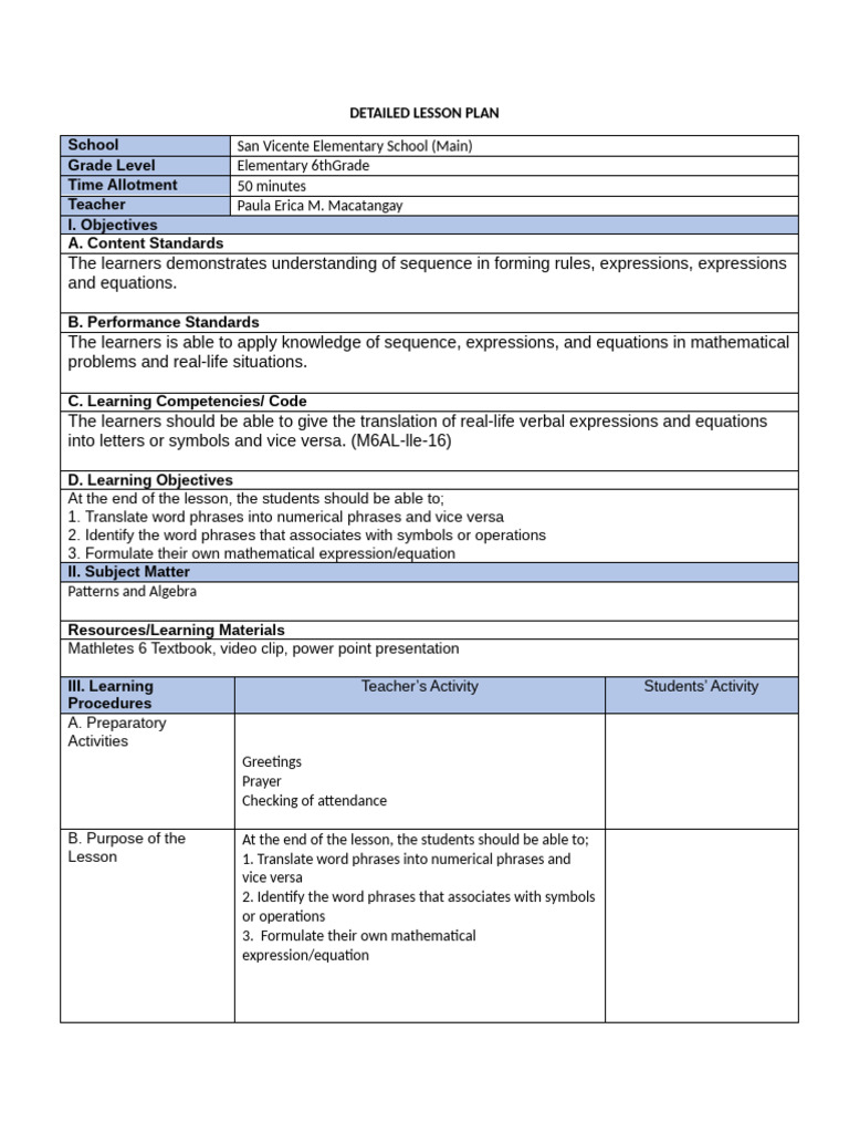Detailed Lesson Plan Format 1 | PDF | Equations | Algebra