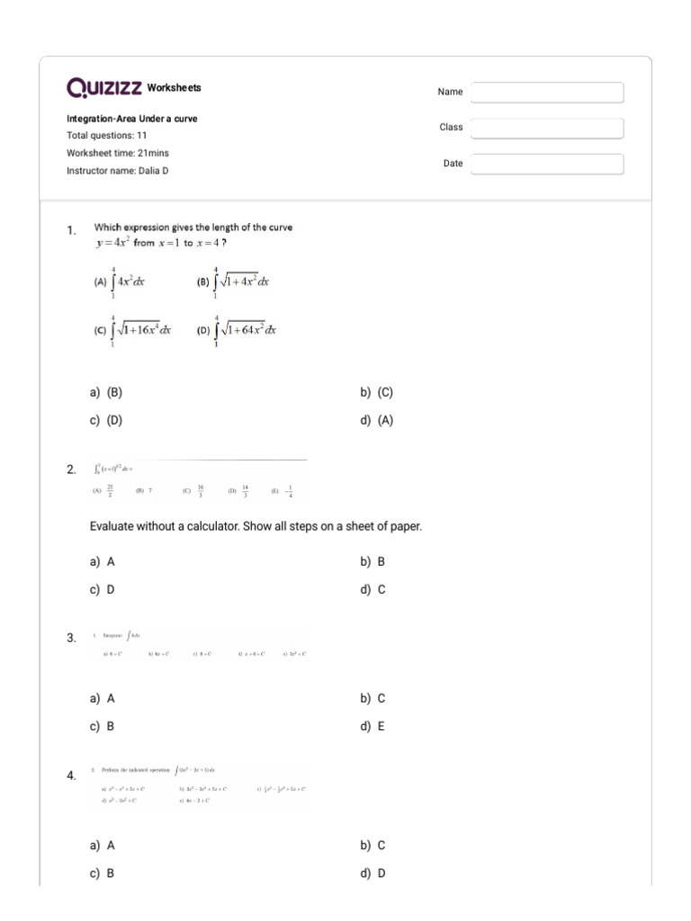 Integration-Area Under a curve _ Quizizz | PDF