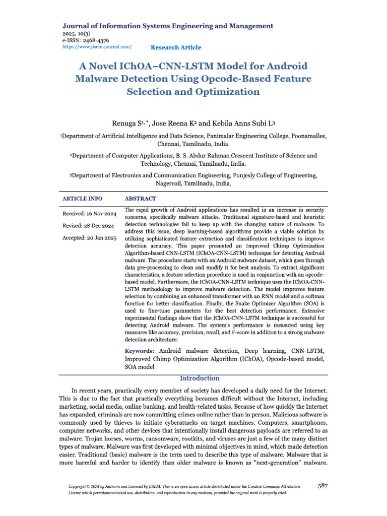 A Novel IChOA–CNN-LSTM Model for Android Malware Detection Using Opcode-Based Feature Selection ...