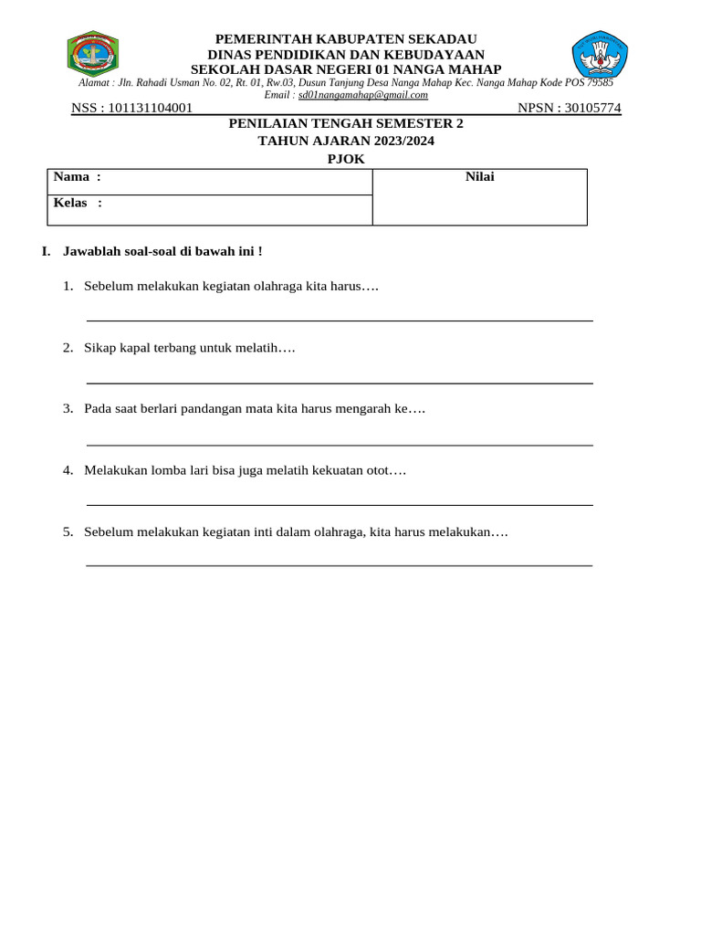 Penilaian PJOK Kelas 1 SD Nanga Mahap | PDF