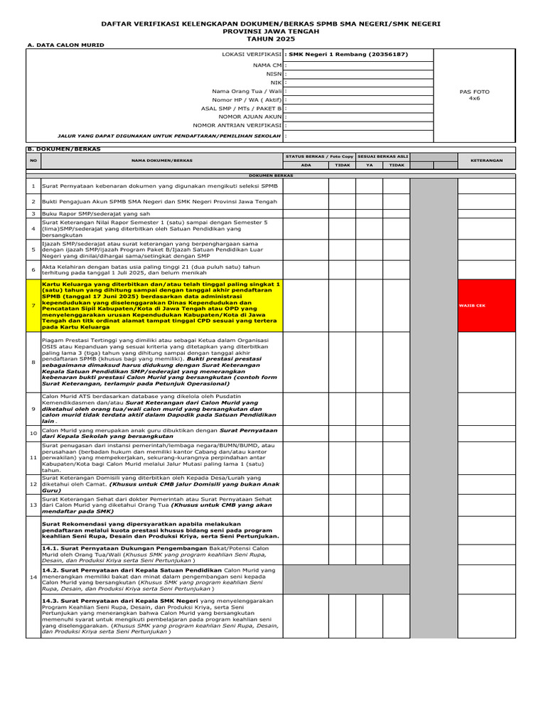 CEKLIS-DOKUMEN-SPMB-2025 - Chek | PDF