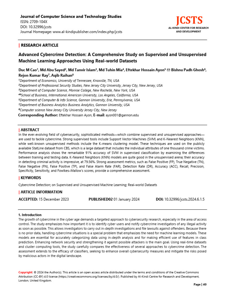 Advanced Cybercrime Detection - A Comprehensive Study On Supervised and Unsupervised Machine ...