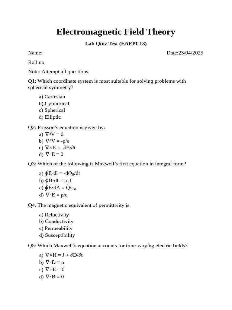 Electromagnetic Field Theory Quiz | PDF
