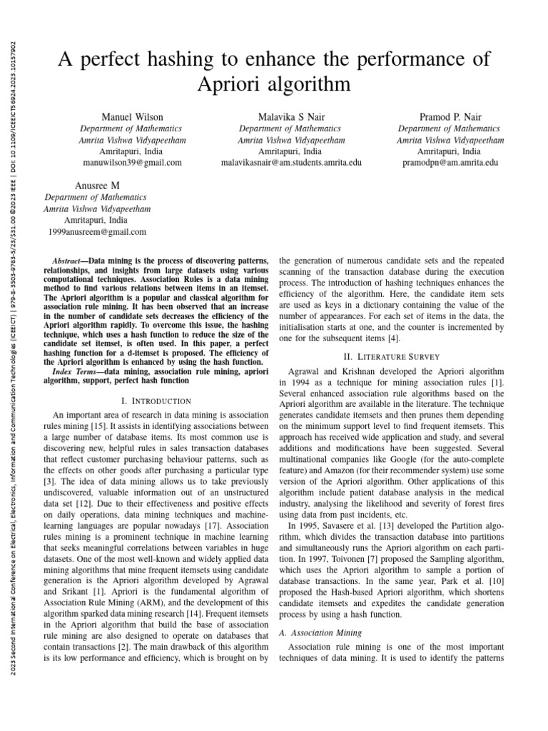 A Perfect Hashing To Enhance The Performance of Apriori Algorithm | PDF | Theoretical Computer ...