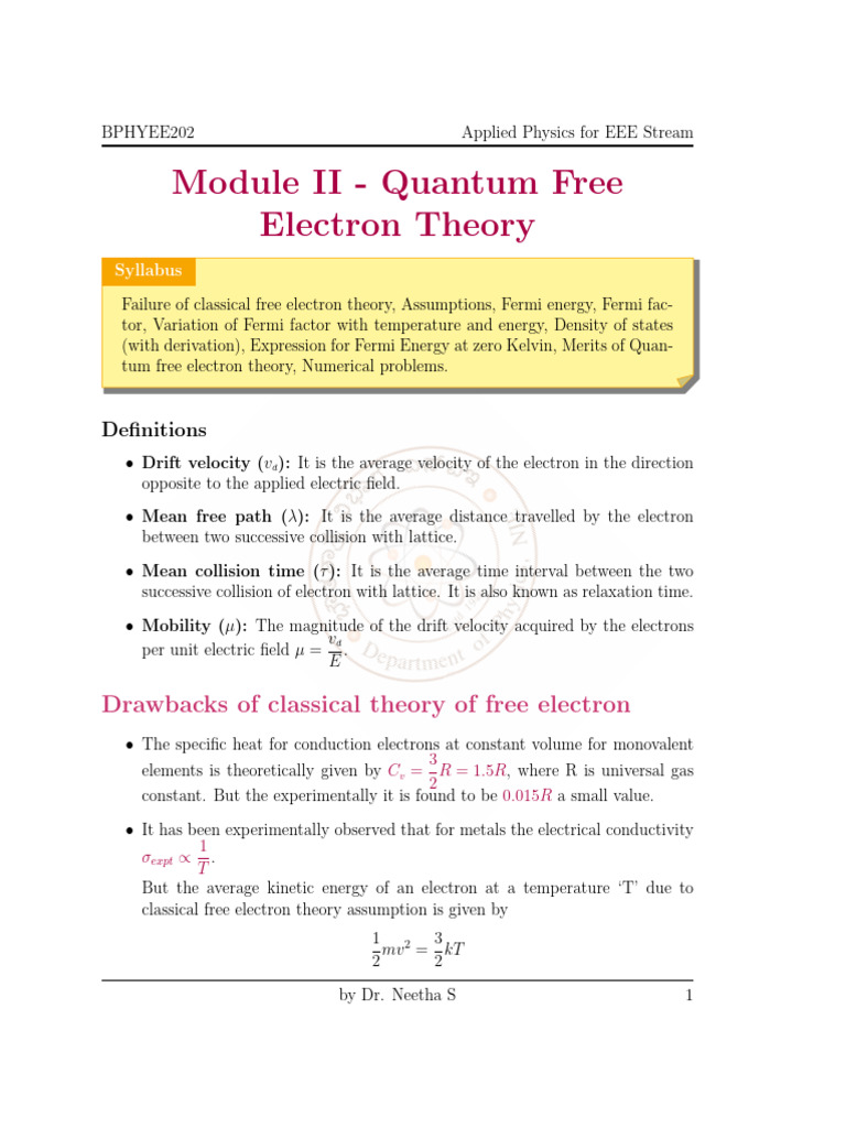Module 2 Quantum Free Electron Theory | PDF | Electron | Energy Level