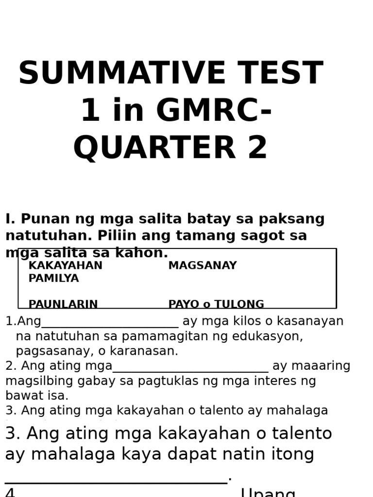 SUMMATIVE TEST 1 and 2 in GMRC-QUARTER 2 | PDF
