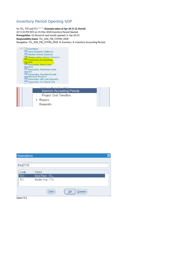 SOP Oracle EBS R12 - Inventory - Period Opening Procedure | PDF