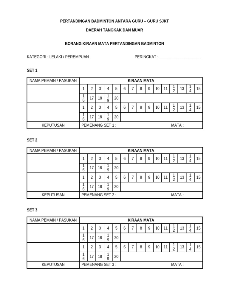 Borang Kiraan Pertandingan Badminton | PDF