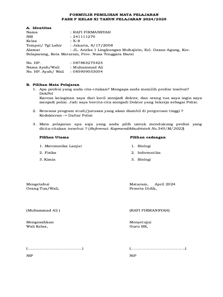 Form Pilihan Mapel Rafi Firmansyah | PDF