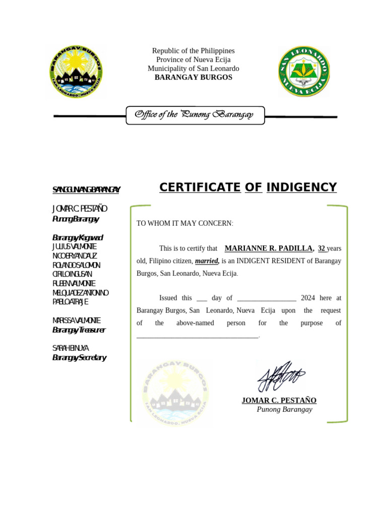 Certificate of Indigency - Barangay Burgos | PDF