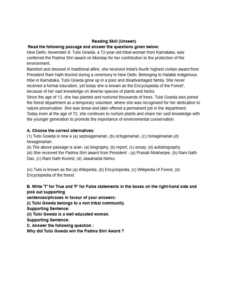 Reading Skill (Unseen) | PDF