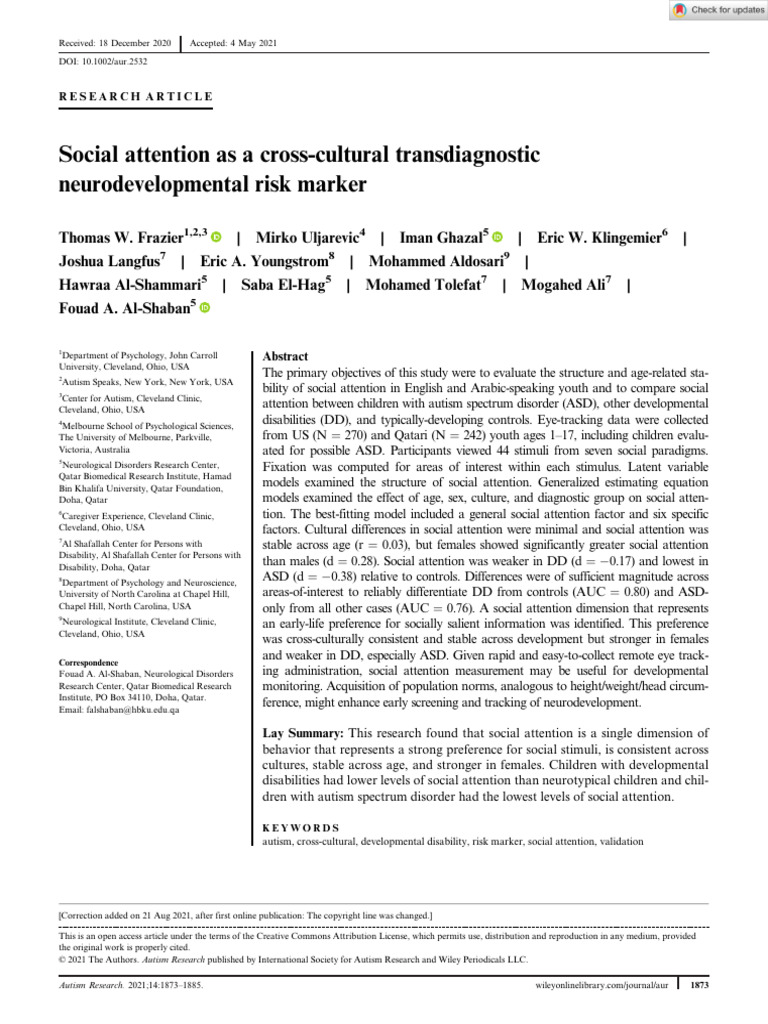 Autism Research 2021 Social Attention As A Cross Cultural ...