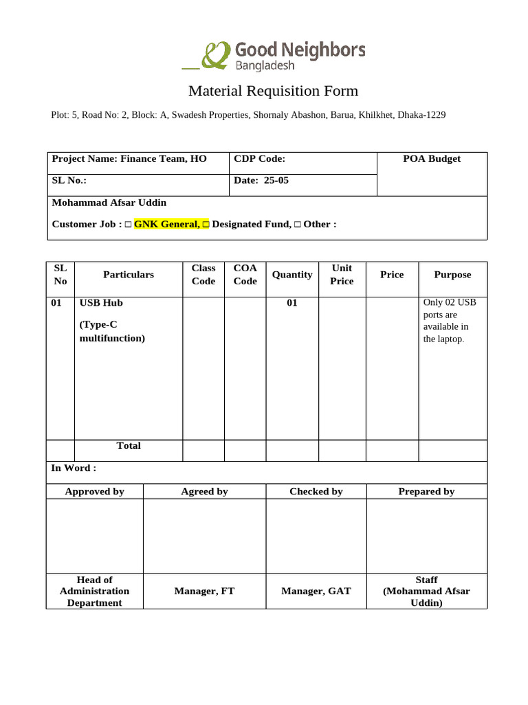 Material Requisition Form for USB Hub | PDF