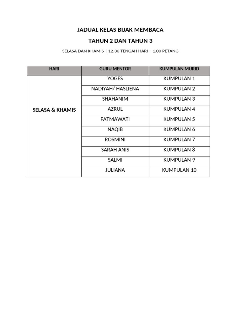 Jadual Kelas Bijak Membaca Tahun 2 Dan Tahun 3 | PDF