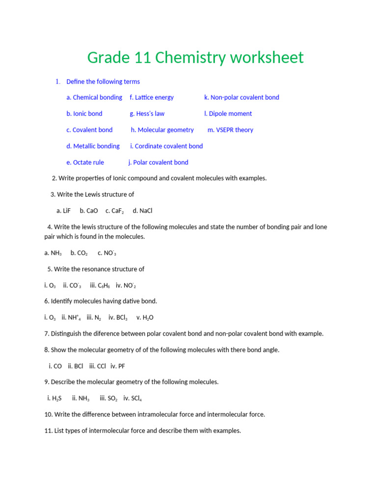 Grade 11 Chemistry Woeksheet | PDF