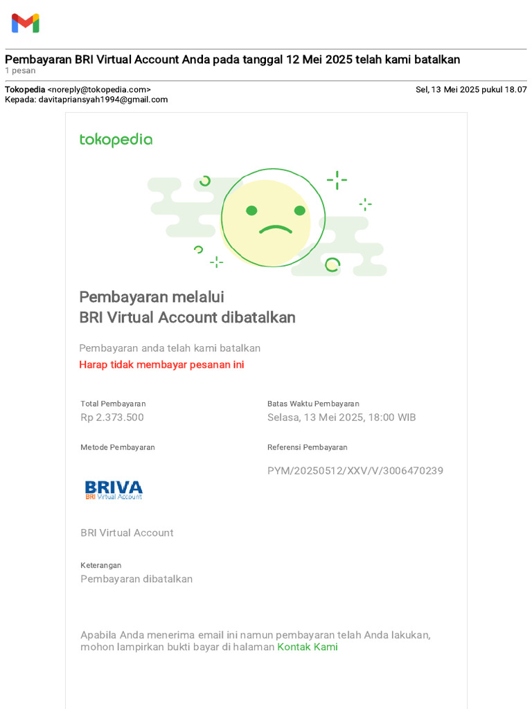 TOKOPEDIA - Pembayaran BRI Virtual Account Anda | PDF