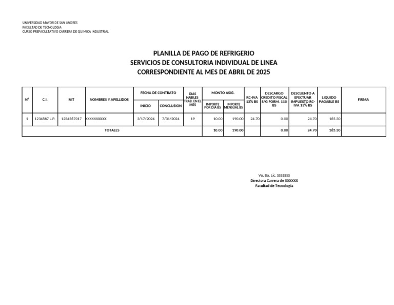 Modelo Planilla Pago Refrigerio | PDF