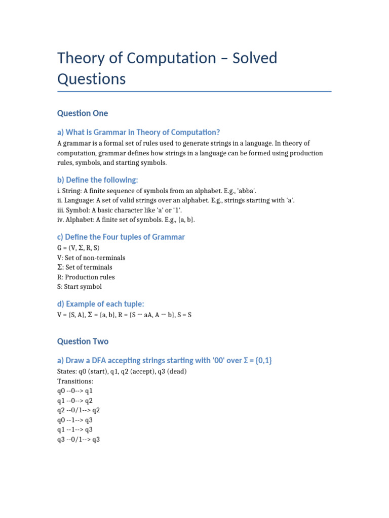 Theory of Computation Solved Answers | PDF | String (Computer Science) | Theoretical Computer ...