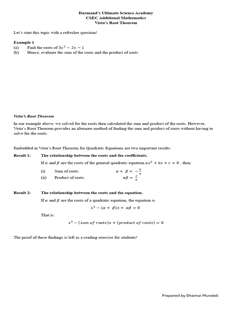 Vieta's Root Theorem Explained | PDF | Quadratic Equation | Equations
