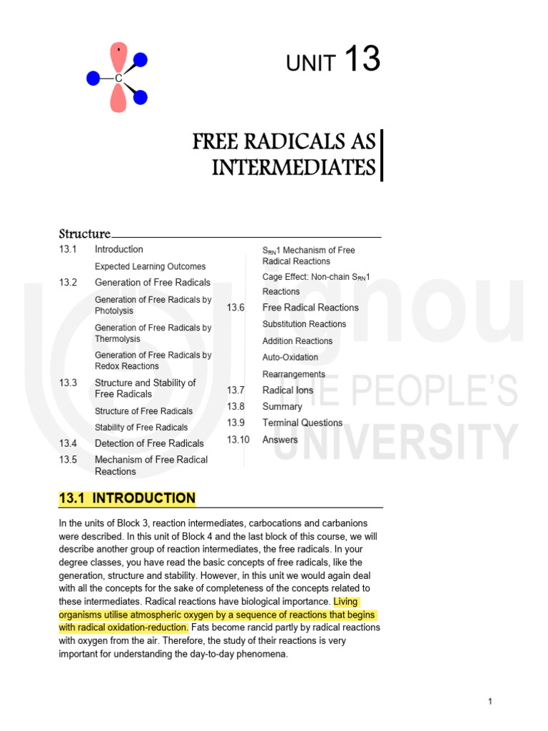 Unit 13-Free Radicals | PDF | Radical (Chemistry) | Electron ...