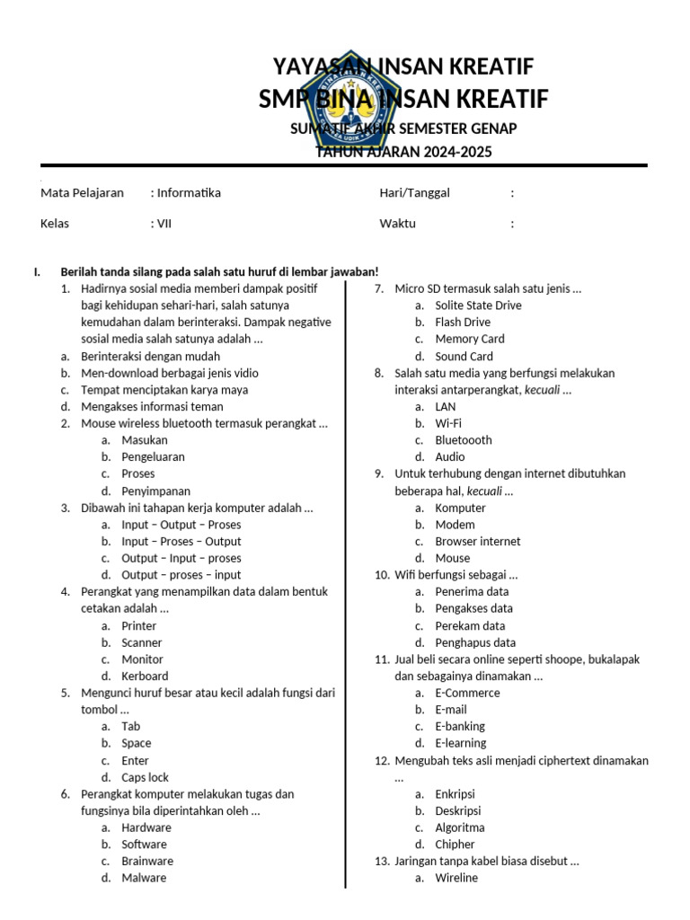 Sas Informatika Kelas 7 Semester Genap 2025 | PDF