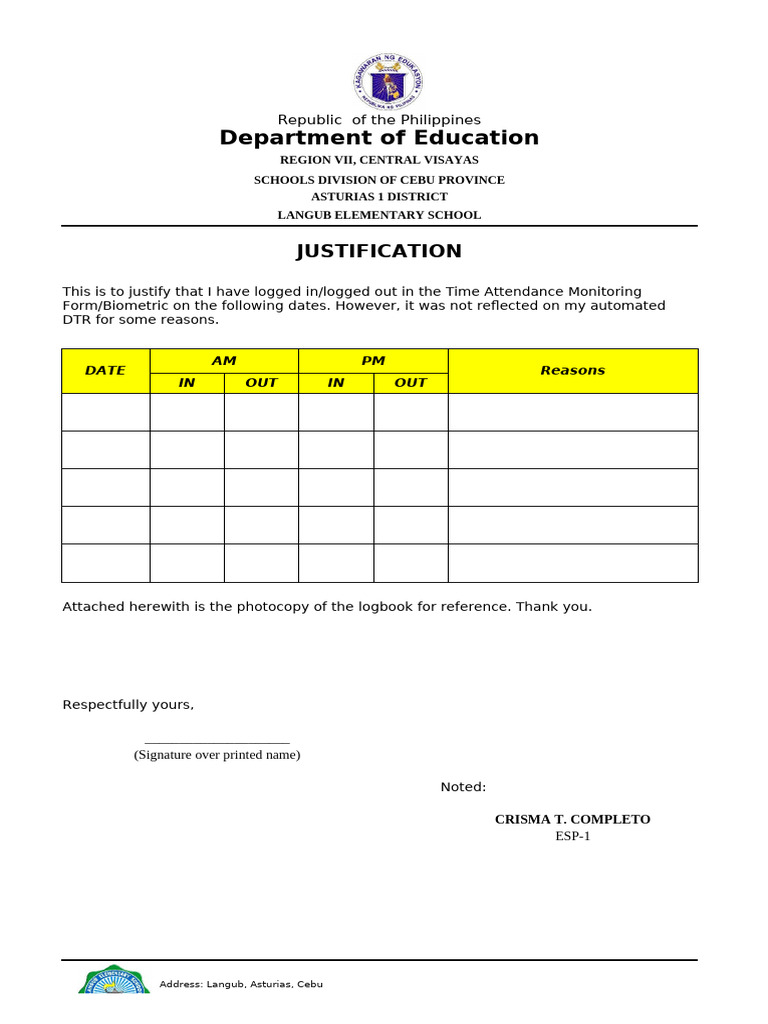 Time Attendance Justification for Langub School | PDF