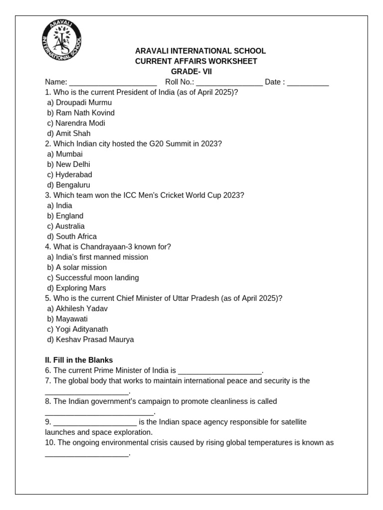 Current Affairs Worksheet for Grade 7 | PDF