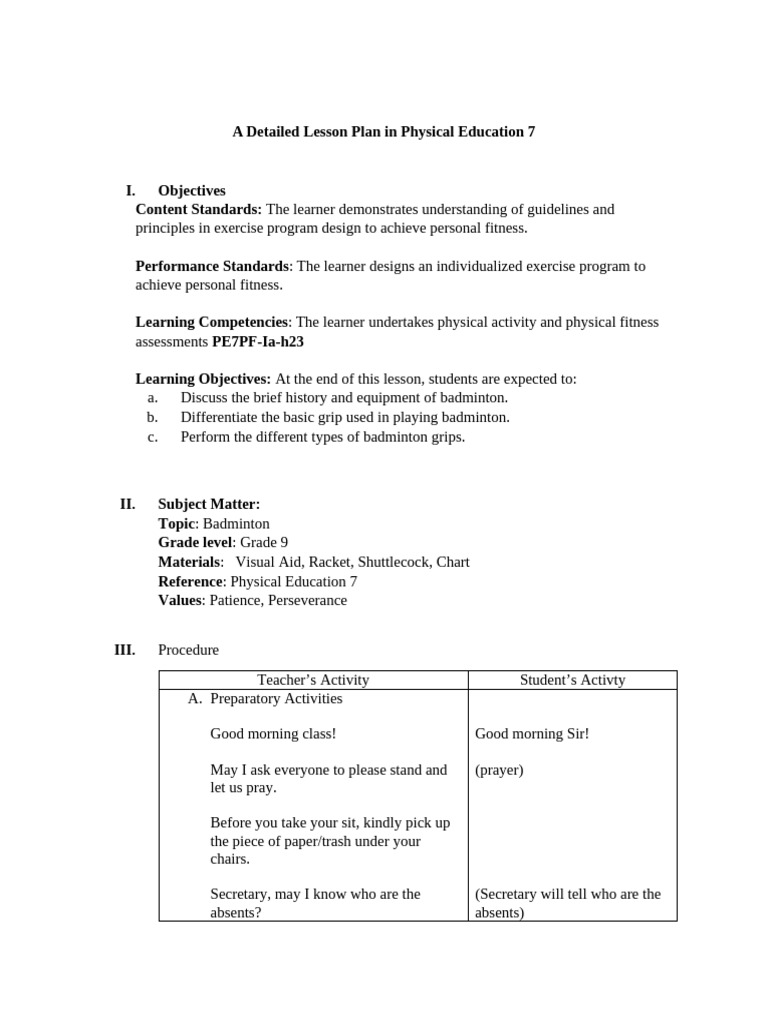 Badminton Lesson Plan for Grade 9 | PDF