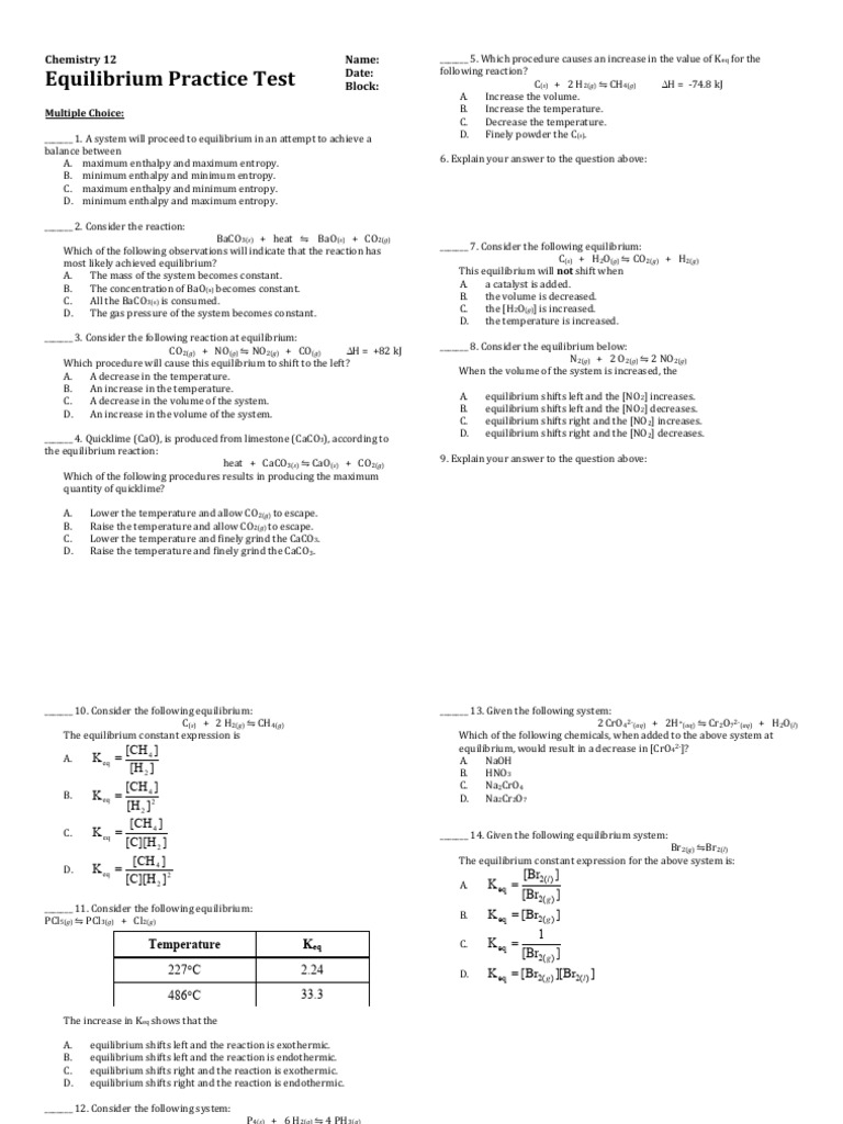 Equilibrium Practice Test | PDF | Chemical Equilibrium | Chemical Reactions