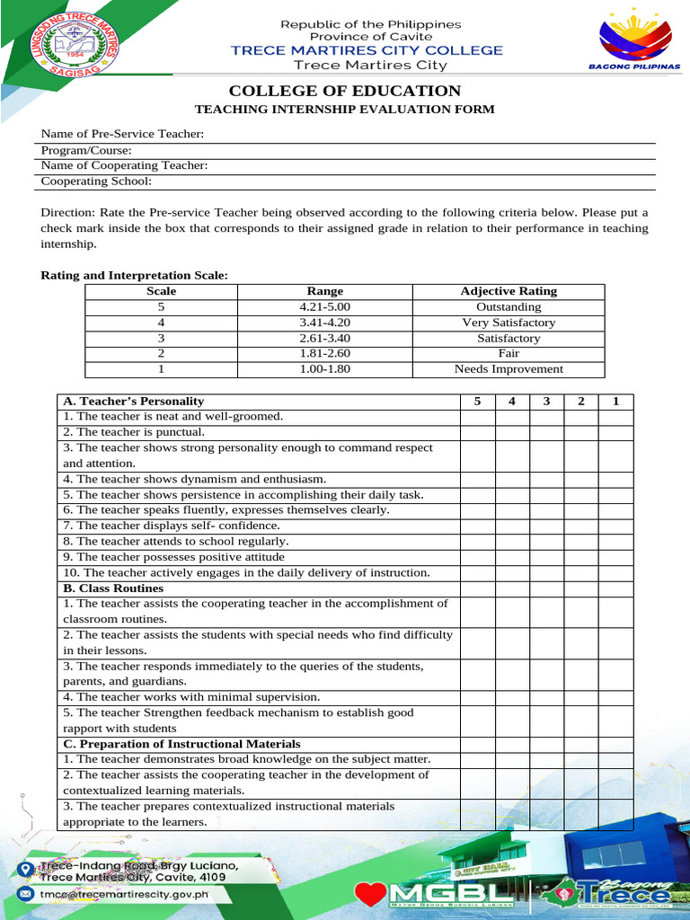 Teaching Internship Evaluation Form | PDF | Teachers | Lesson Plan