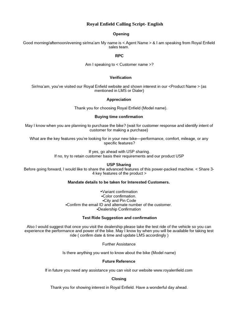 Royal Enfield Sales Call Script | PDF