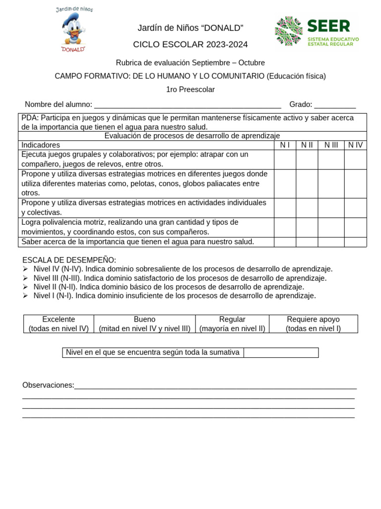 Rubrica de Evaluación Preescolar 2023-2024 | PDF | Educación de la ...